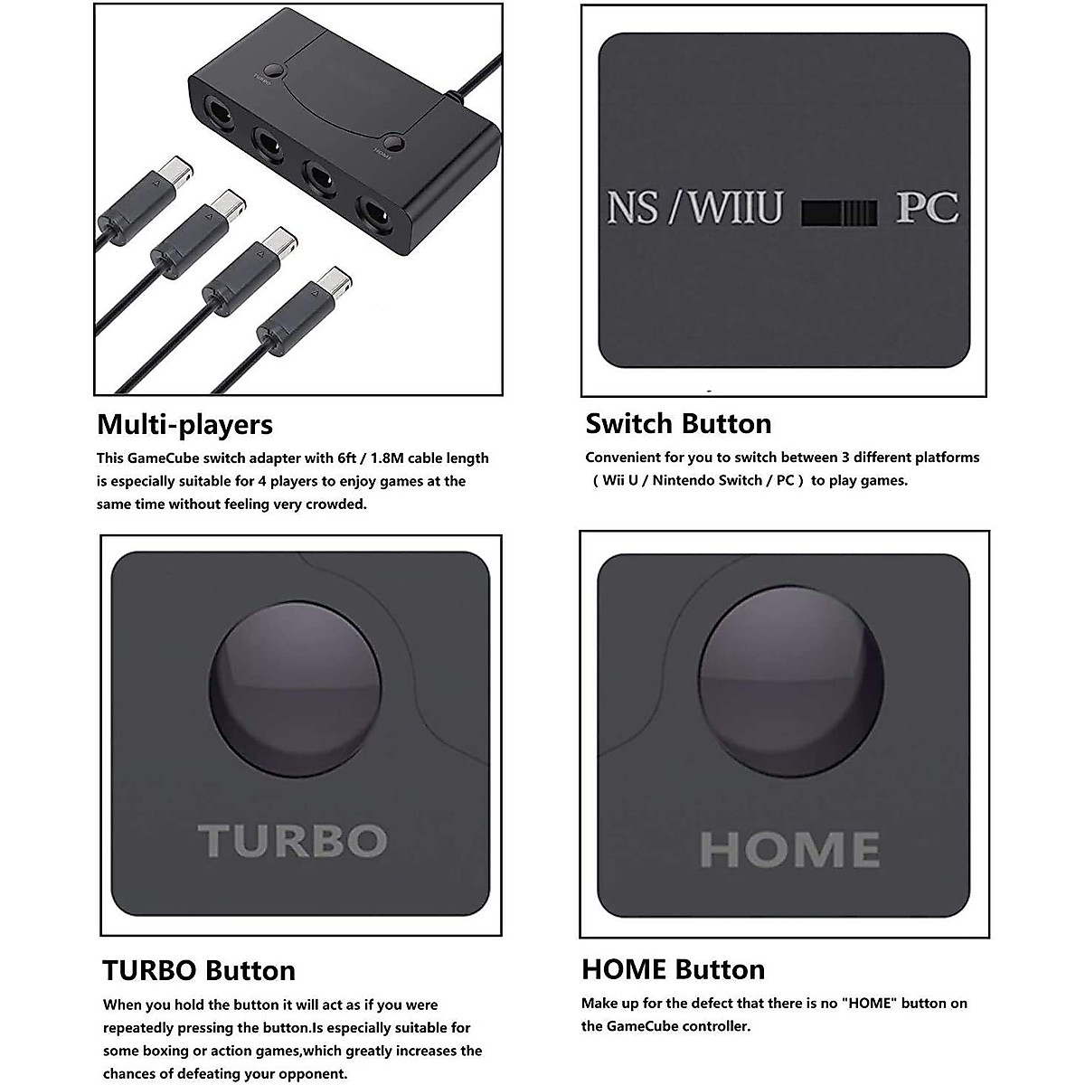 Wii U Controller Adapter, NGC Controller Adapter for Wii U,Nintendo Switch and PC USB.Easy to Plug and No Driver Need.4 Ports Turbo Button (Updated Version)