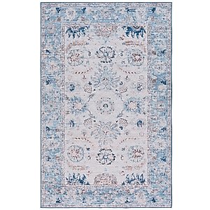 SAFAVIEH Tucson Collection Area Rug - 4' x 6', Blue & Beige, Oriental Design, Machine Washable Ideal for High Traffic Areas in Living Room, Bedroom, Dining (TSN908M-4)