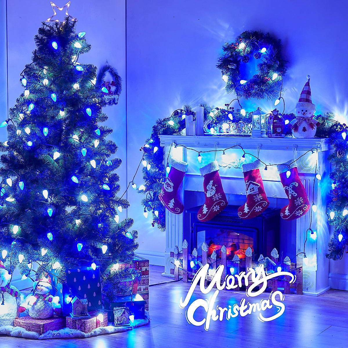 Brightown C9 LED Christmas String Lights, 33ft 50 LED Waterproof Strawberry String Lights, Extendable Green Wire Lights String for Outdoor Indoor Patio Party Decoration, Blue and White