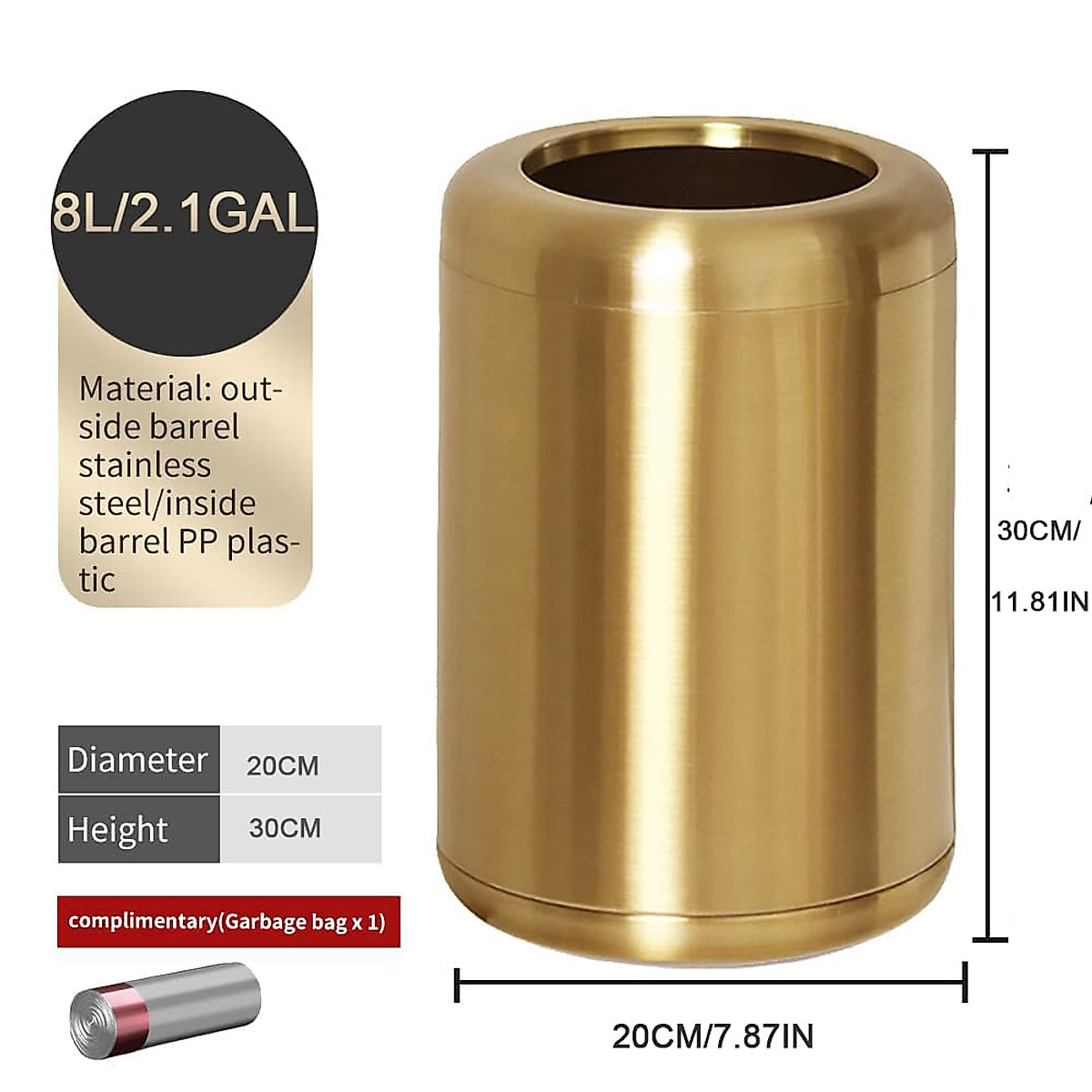 LEASYLIFE 8L/2.1gal Brushed Nickel Gold Trash Can,Small Gold Trash Can,Brass Trash Can for Bathroom,Powder Room,Bedroom,Office (Gold)