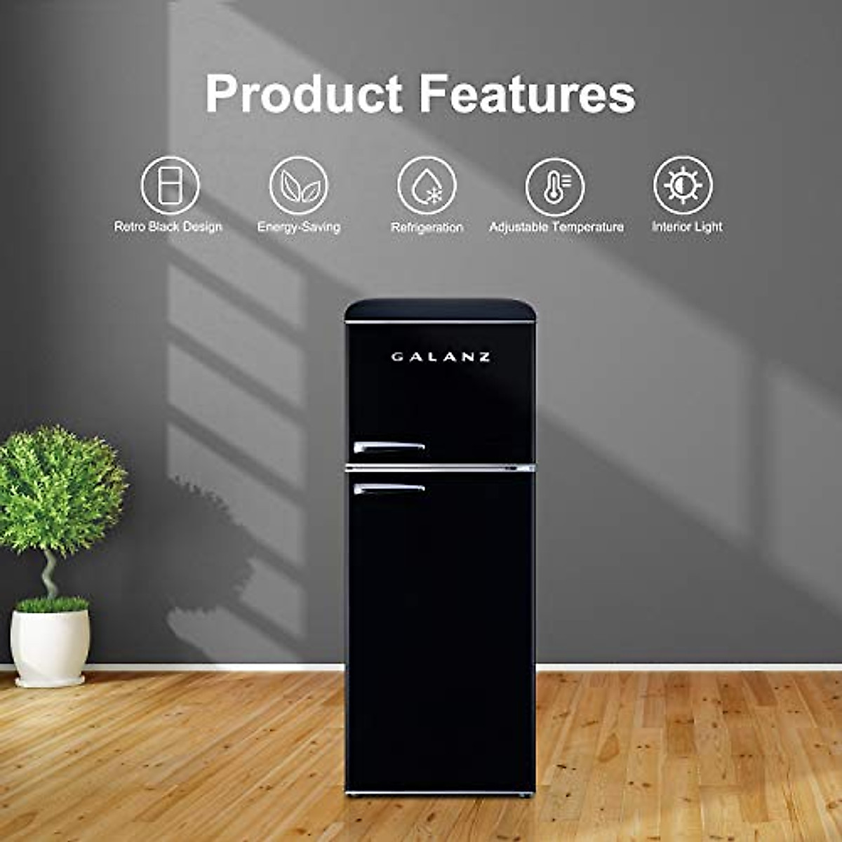 Galanz GLR10TBKEFR Retro Refrigerator with Top Freezer Frost Free, Dual Door Fridge, Adjustable Electrical Thermostat Control, 10 cu ft, Black