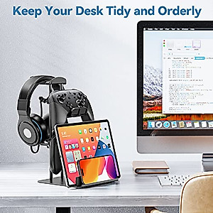KDD Headphone Stand, Game Controller Holder & Headset Holder for Desk, Earphone Stand with Aluminum Supporting Bar, Universal Storage Organizer Headphones/Controller/Switch/iPad/Mobile Phone