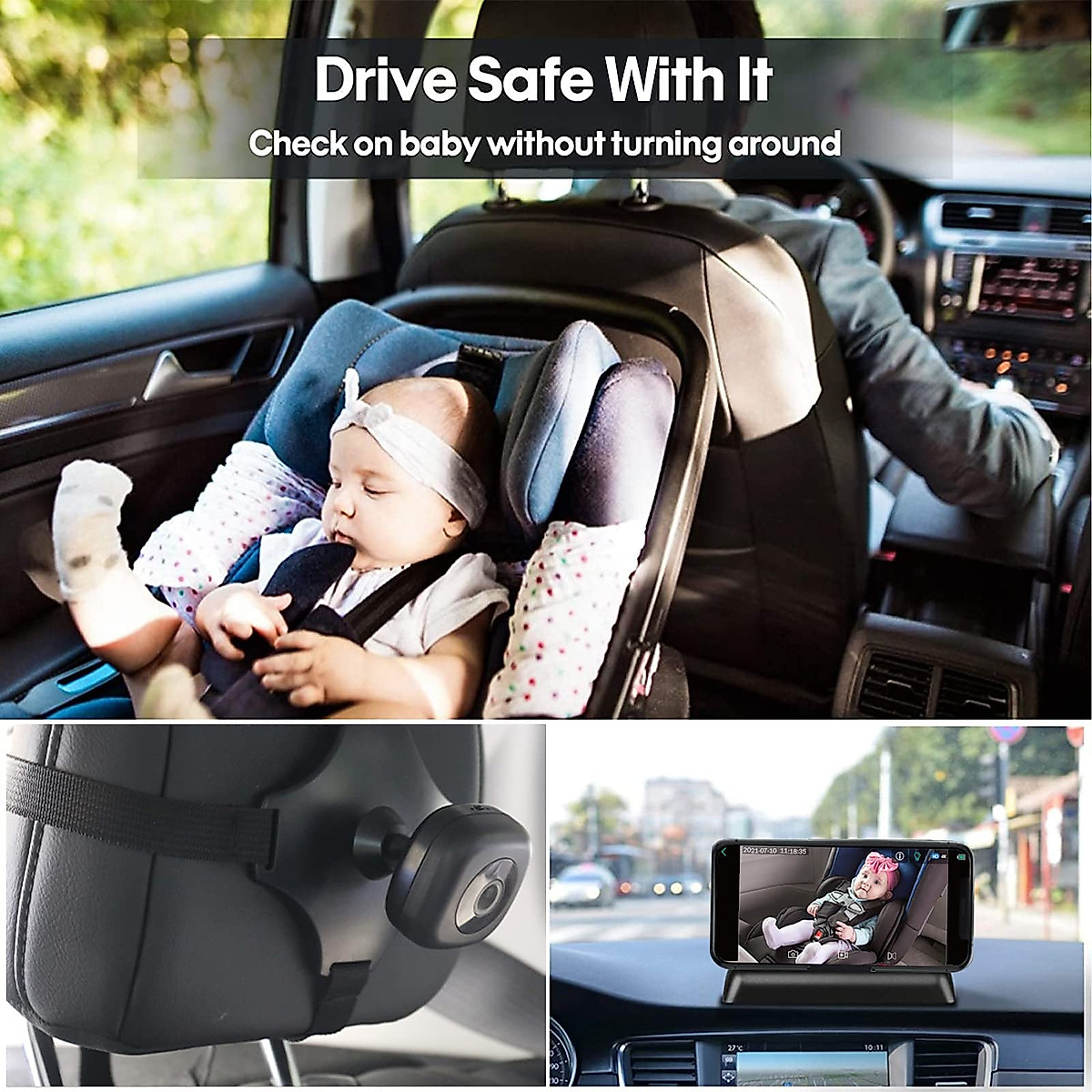 Baby Car Mirror, WIFI Wireless Baby Car Camera, Baby mirror for car, HD 1280P Camera Rear Facing Car Seat Mirrors, Safety Car Seat Mirror for Rear Facing Toddler Infant Child with Night Vision - Black