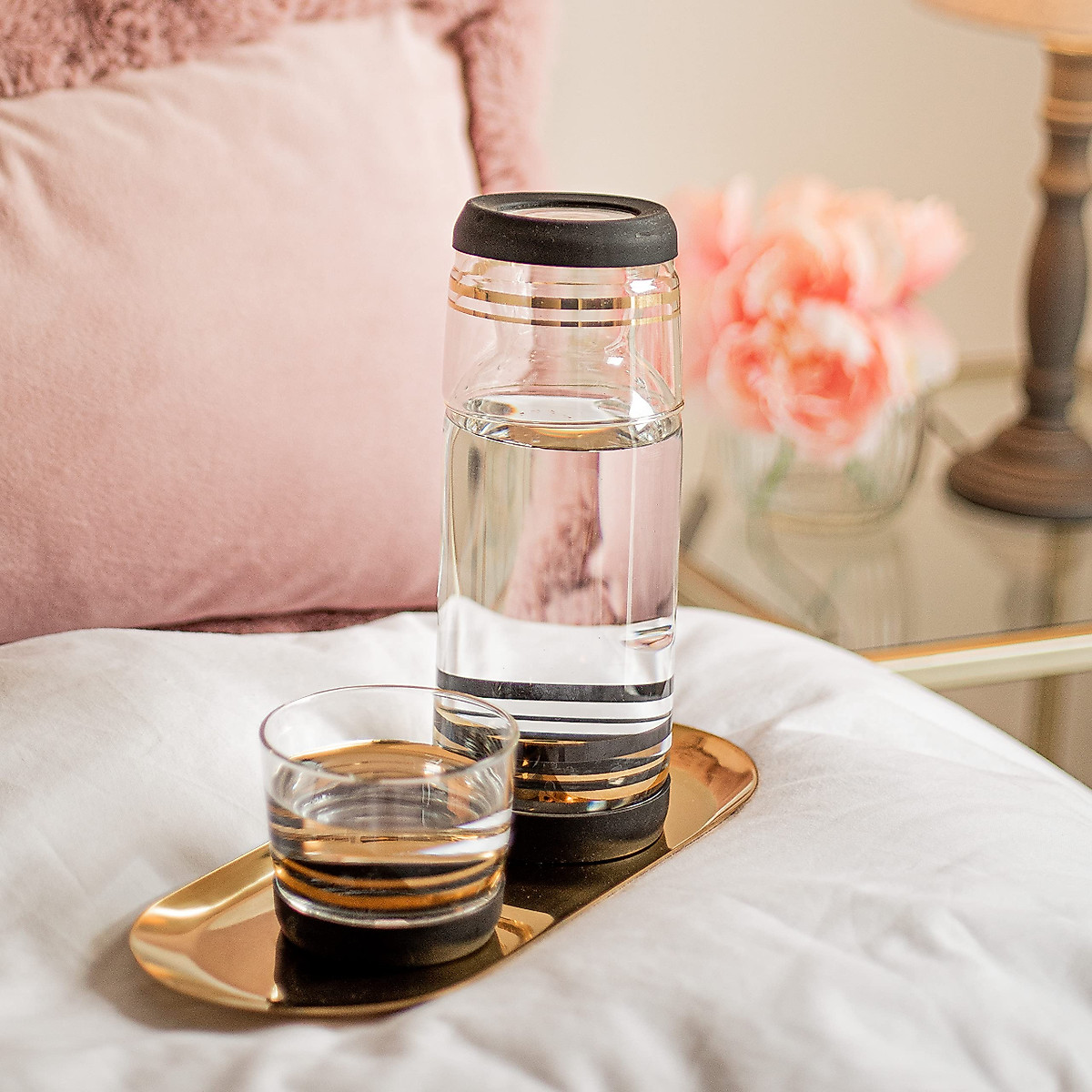 Agayah Water Carafe with Glass Cup for Nightstand and Gold Tray, Bedside Water Carafe and Glass Set. Water Carafe 32 OZ, glass cup 7 OZ (UK based)