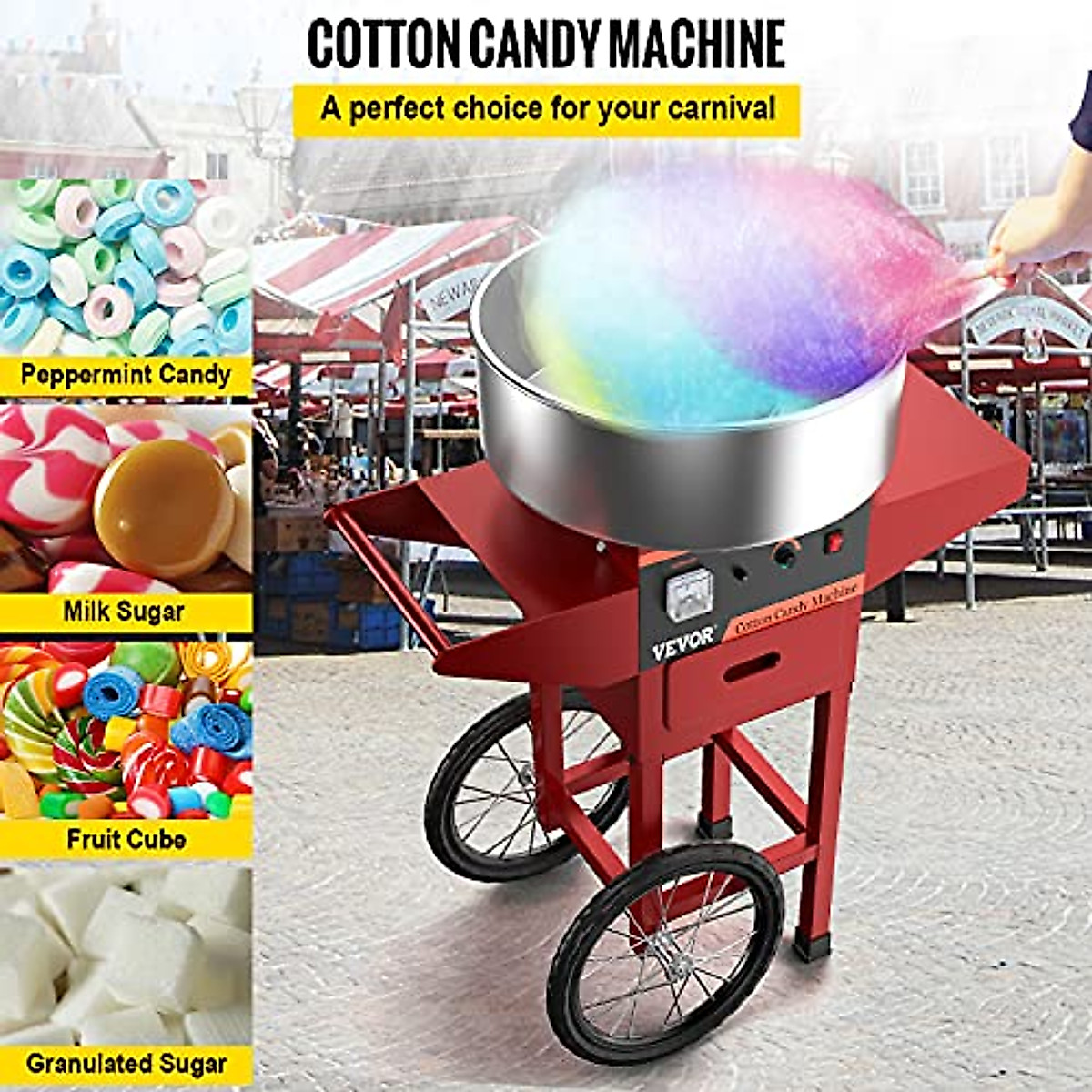 VBENLEM Commercial Cotton Candy Machine with Cart, Electric Floss Maker with Stainless Steel Bowl, Sugar Scoop and Drawer, for Family and Various Party, Red
