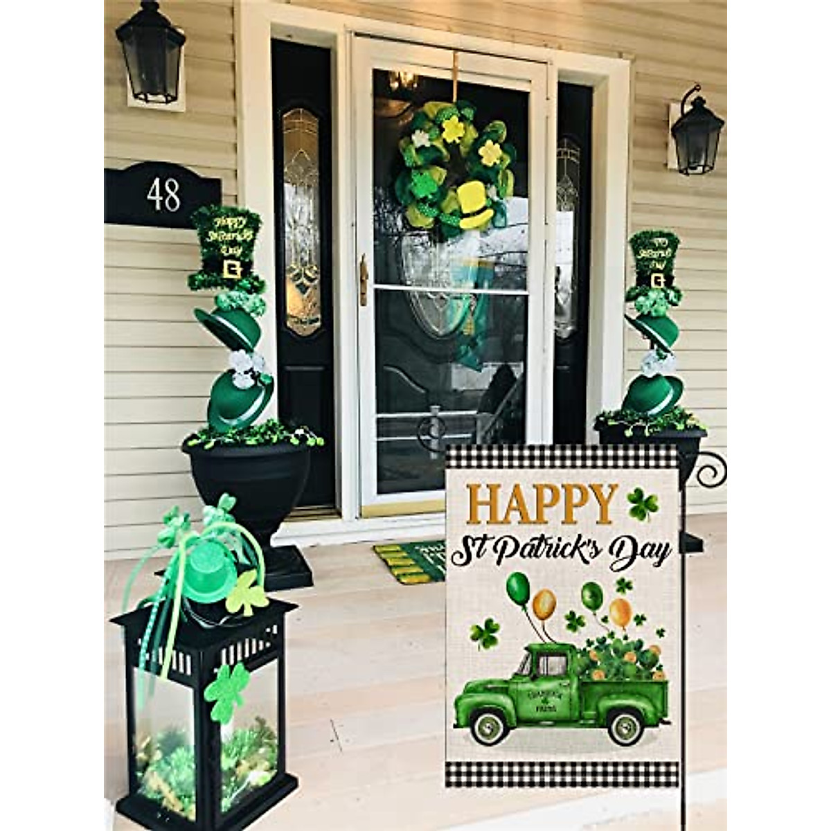EKOREST Happy St Patrick's Day Garden Flag 12x18 Inch Vertical Double Sided,Buffalo Plaid Truck with Shamrock Balloons Small St. Patricks Day Yard Flag for Outdoor Farmhouse Holiday Outside Decoration