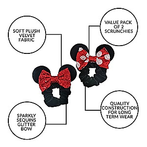 Styla Hair 2 Pack Mouse Ear Scrunchies for Kids Velvet Hair Bow Scrunchies for Women - Sparkle Sequins Mouse Hair Bands for Pony Tail - Red & Black