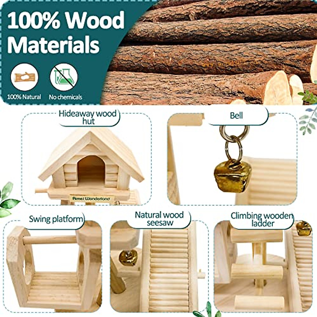 Hamiledyi Natural Dwarf Hamster House Double Decker Wooden Castle Small Animal Hideout Huts with Stair DIY Pet Living Playground Climbing Ladder Slide Training Play Toys for Syrian Mice Rats