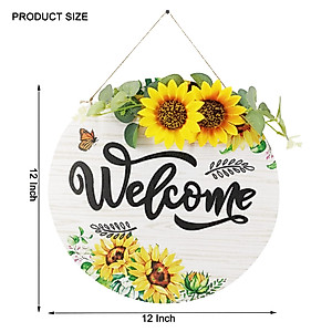 Autonomier Sunflower Welcome Sign for Front Door 12 Inch Sunflower Front Porch Decor Farmhouse Rustic Round Wooden Hanging Sign with Artificial Sunflower and Eucalyptus Leaves for Home Garden (White)