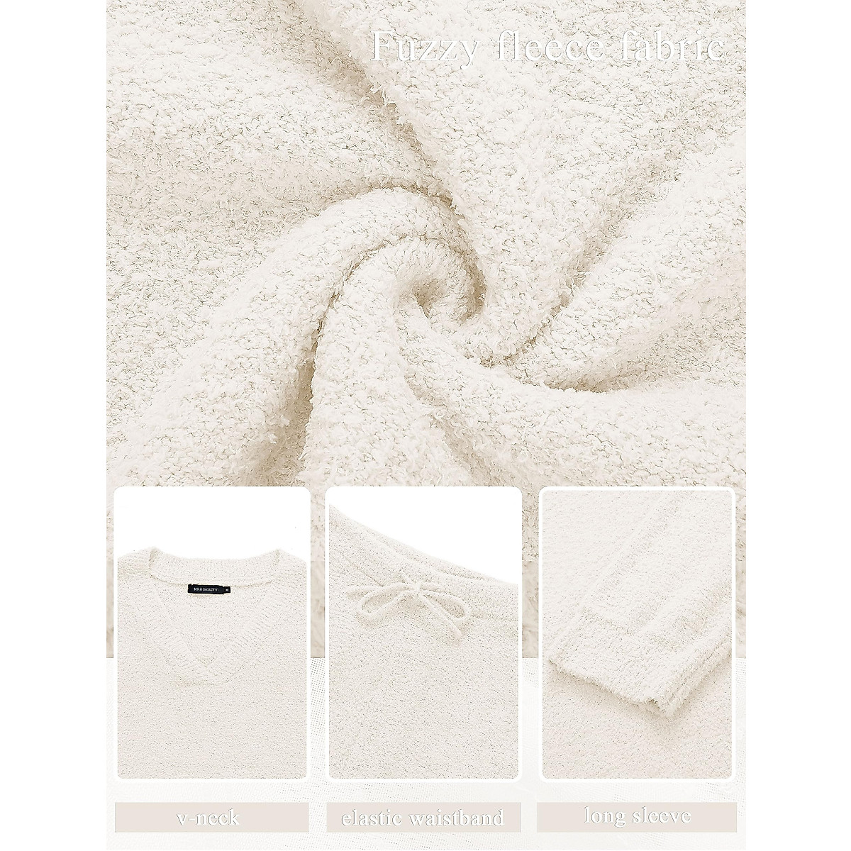 MEROKEETY Women's 2 Piece Outfits Fuzzy Fleece Pajama Set Long Sleeve Top Wide Leg Pants Loungewear,Beige,M