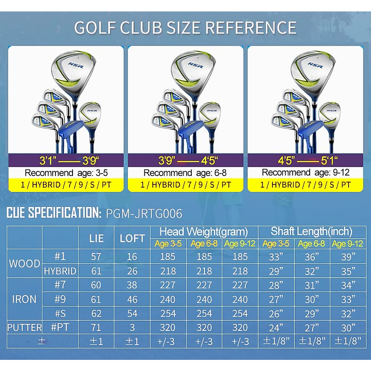 PGM Junior Golf Club Complete Set Includes Driver, Hybrid, 7, 9, Wedge Irons, Putter, Stand Bag Right Handed for Children Kids 6-8, 6 Pieces Youth Golf Clubs with 2 Headcovers for Boys & Girls