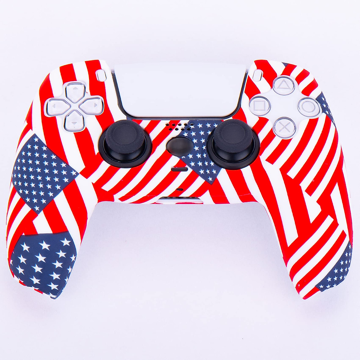 YoRHa Water Transfer Printing Silicone Thickened Cover Skin Case for PS5 Controller x 1(US Flag) with Thumb Grips x 10
