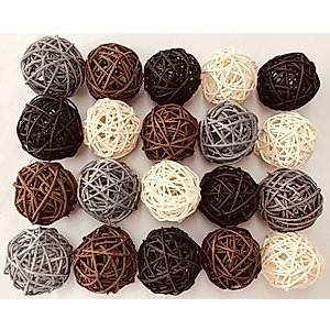 20-Pack Mixed Color Wicker Rattan Balls - Decorative Orbs Natural Spheres Craft DIY, Wedding Decoration, Christmas Tree, House Ornaments Vase Filler - 4 Colors Assorted,45mm,Black,Grey,Brown and White
