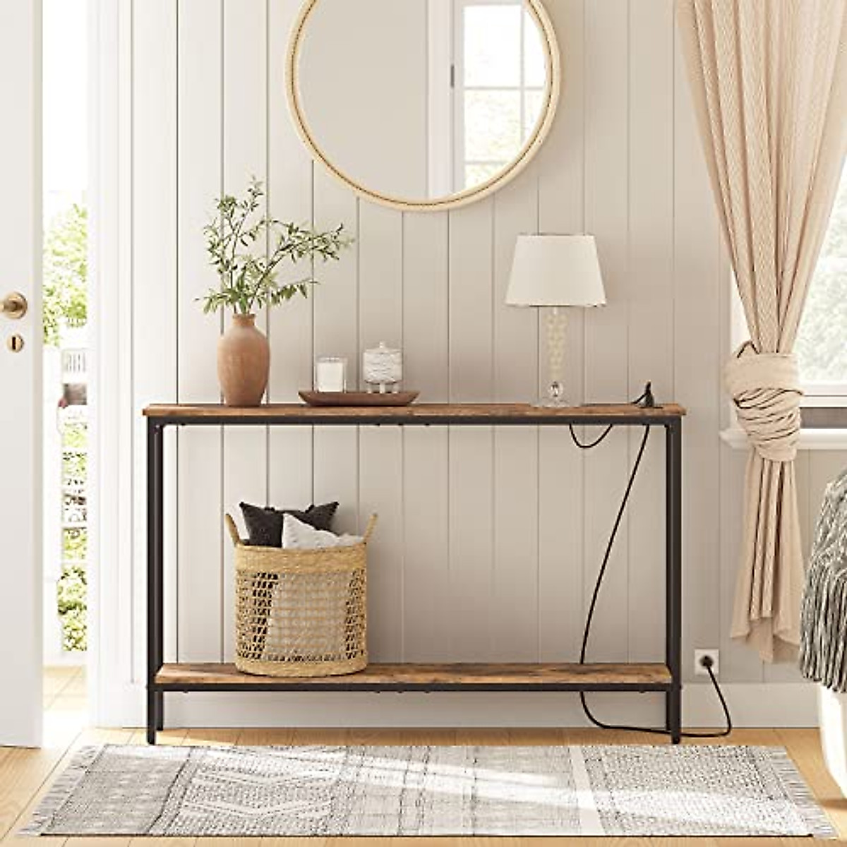 HOOBRO Console Table with Charging Station, 47.2” Narrow Entryway Table with Power Outlets and USB Ports, Skinny Sofa Table, Behind Couch Table, for Entryway, Hallway, Foyer, Rustic Brown BF201XG01