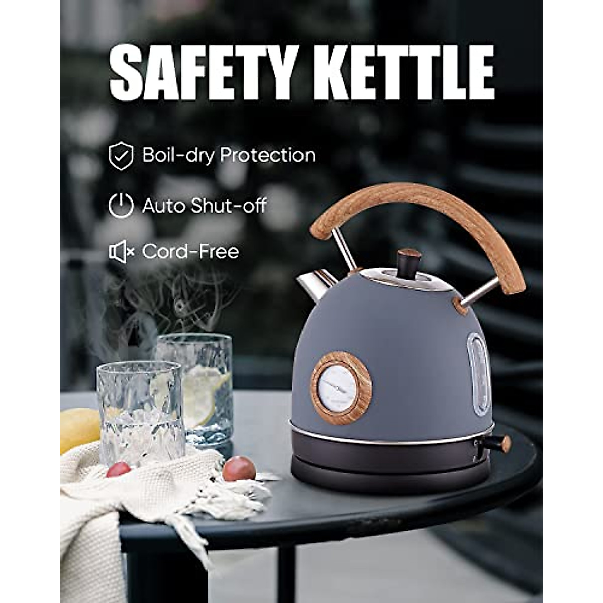 Electric Kettle, Talafa 1.7L / 1500W Retro Electric Tea Kettles for Boiling Water, Stainless Steel Hot Water Boiler with Thermometer, Auto Shut-off & Boil-Dry Protection, Anti-scald Wood Handle