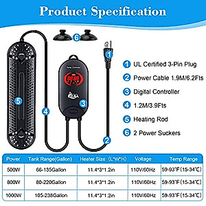 AQQA Aquarium Heater 800W for 80-220 Gallon Submersible Fish Tank Heater for Aquarium Betta Fish Heater Aquarium Thermostat Heater Hydroponic Freshwater & Saltwater (800W, 80-220Gal)