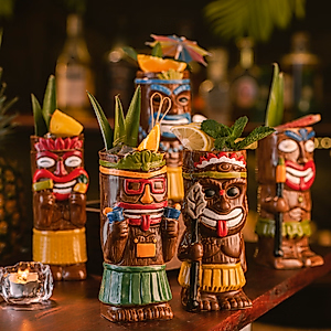 SUN GKOTTA Cocktail Tiki Mugs Set Of 4 - Exotic Mug With 4 Coasters And 4 Straws，Cute Ceramic Hawaiian Style Cocktail Glasses For Party And Tropical Tiki Bar，Mai Tai Cocktail Drinkware (Glossy)