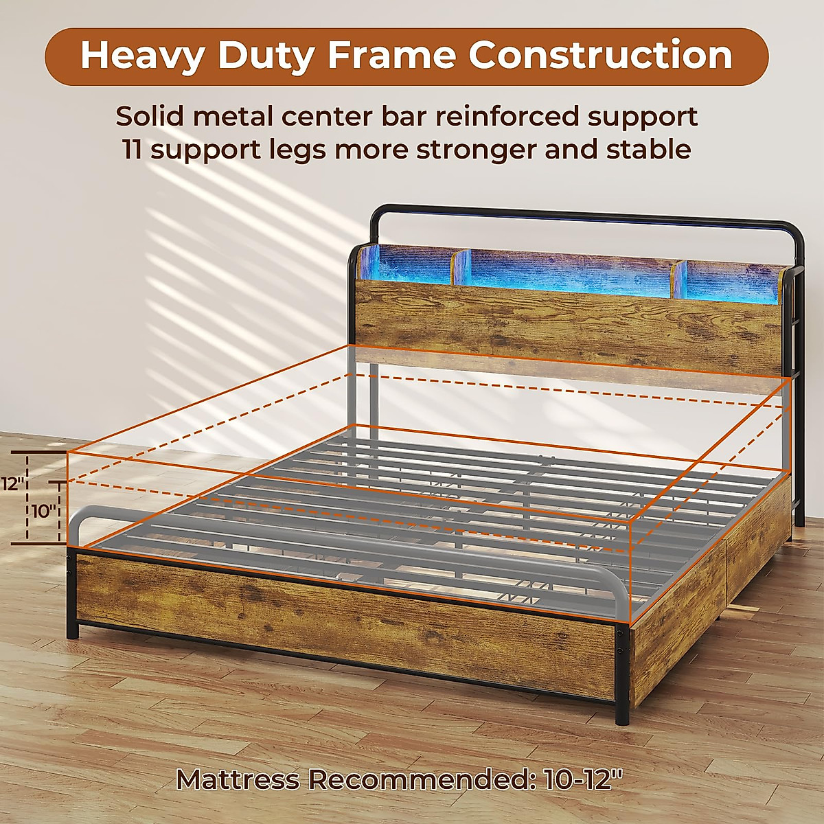 DICTAC Queen Bed Frame with Storage Headboard and Charging Station Metal Platform Bed Frame with Led Lights Queen Size Led Bed Frame with 4 Drawers,No Box Spring Needed, Noise-Free, Rustic Brown
