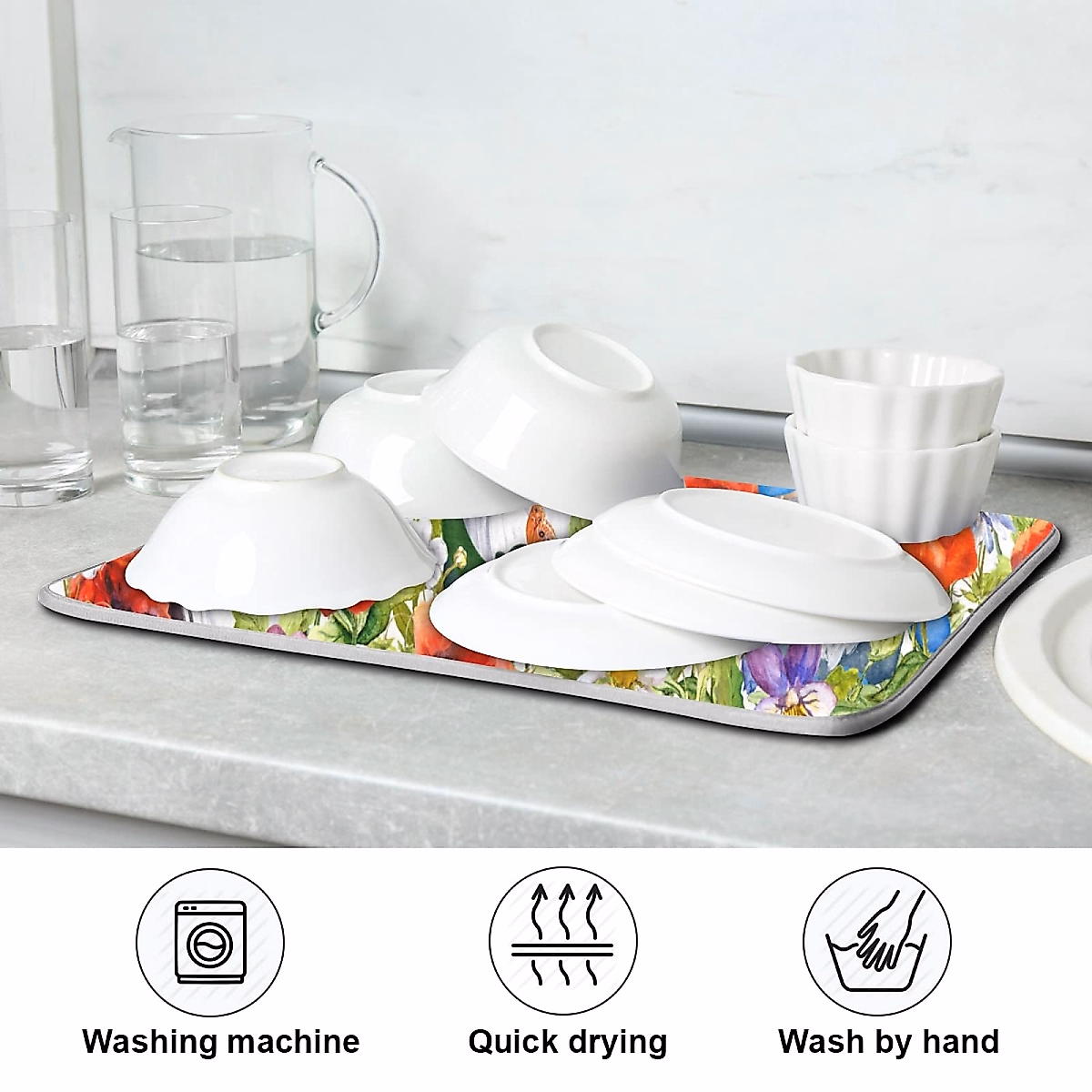 Kcldeci Dish Drying Mat for Kitchen Gnomes Family In Summer Flowers And Butterfly Counter 18x24 inch-Absorbent Microfiber Dish Mat, Reversible Drying Pad Dish Drainer Rack Mats for Countertop Fast Dry