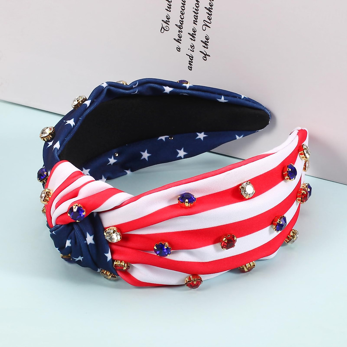 Budsmile American Flag Headbands for Women Girls Independence Day 4th of July Red White Blue Patriotic Headband USA Knotted Wide Rhinestone Hair Accessories Hair Hoops