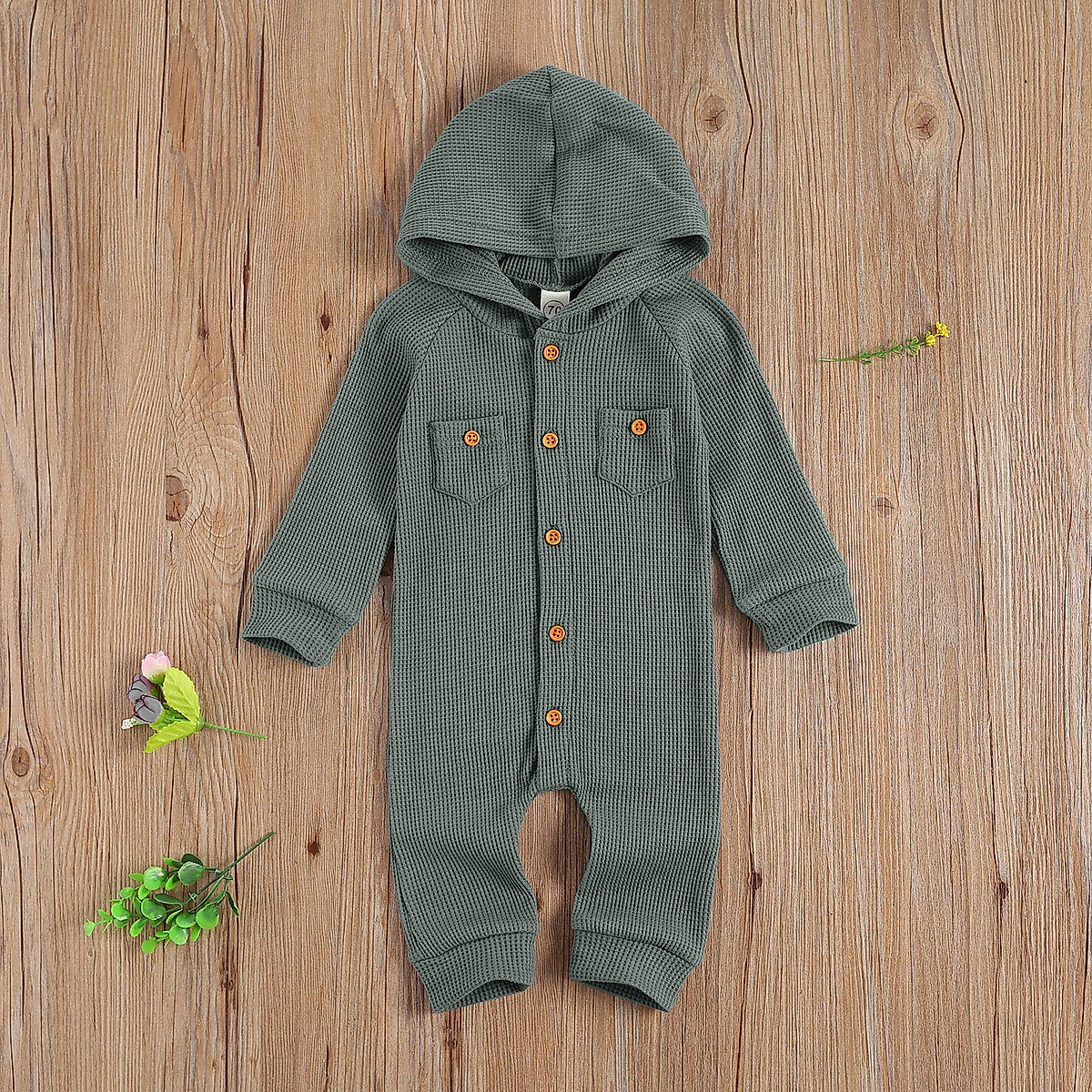 Ynibbim Winter Newborn Baby Boy Girl Solid Romper Unisex Infants Hooded Outfit Clothes Waffle Cotton Button Jumpsuits (Grey, 0-3 Months)