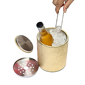 YOMQLJXB Ice Buckets for Parties/Champagne Bucket,Stainless Steel Double Walled Ice Bucket with Tongs & Seal Lid(1.3L) for Bar,Wine,Kitchen,Home, Coolers,Drinks (Gold)