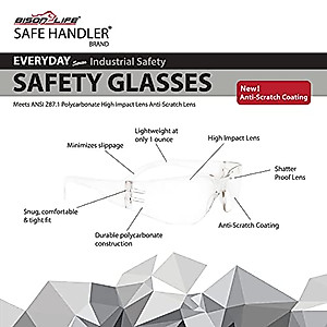 BISON LIFE Safety Glasses, One Size, Clear Protective Polycarbonate Lens, 12 per Box (1 box)