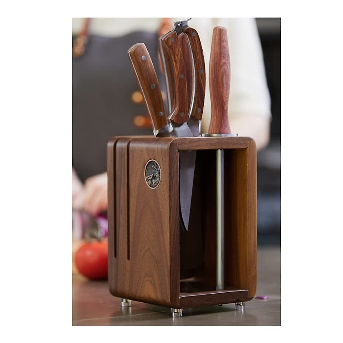 Large Capacity Wooden Knife Block，Household Knife Holder Without Knives Walnut Material，Ventilation Design Countertop Knife Storage Space Saver (Color : Black walnut)