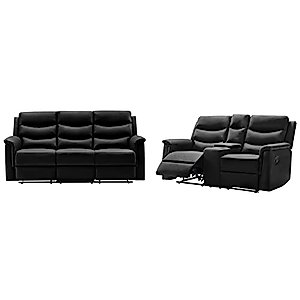BSHTI 2pcs Black Faux Leather Motion Recliner Sofa Couch for Living Room (2-Seater+3-Seater)