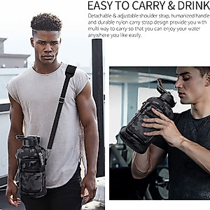 Fimibuke Half Gallon Water Bottle with Sleeve 64 OZ Water Bottle with Handle & Straw Leakproof Motivational Sports Gym Water Bottle with Time Marker BPA Free Water Jug with Neoprene Holder - Camo