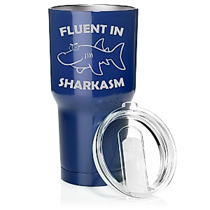 Smooth Body Tumbler Stainless Steel Vacuum Insulated Travel Mug Cup Gift Fluent In Sharkasm Funny Shark (Blue, 30 oz)