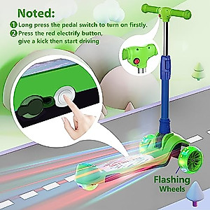 MooguUeer Kids Electric Scooter Foldable 3 Wheel Scooter for Kids Ages 3-8 with Knee Pads, Thumb Accelerator, Lean-to Steer, Flashing Wheels, 5 MPH Safe Speed, Best Gift for Children (Green)