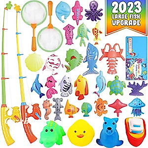 CozyBomB Magnetic Fishing Game for Kids - Bath Pool Toys Set for Water Table Learning Education Fishin for Bathtub Fun with 4 Squeak Rubber Animal and Boat, Poles Rod Net Fishes for Kids Age (Green)