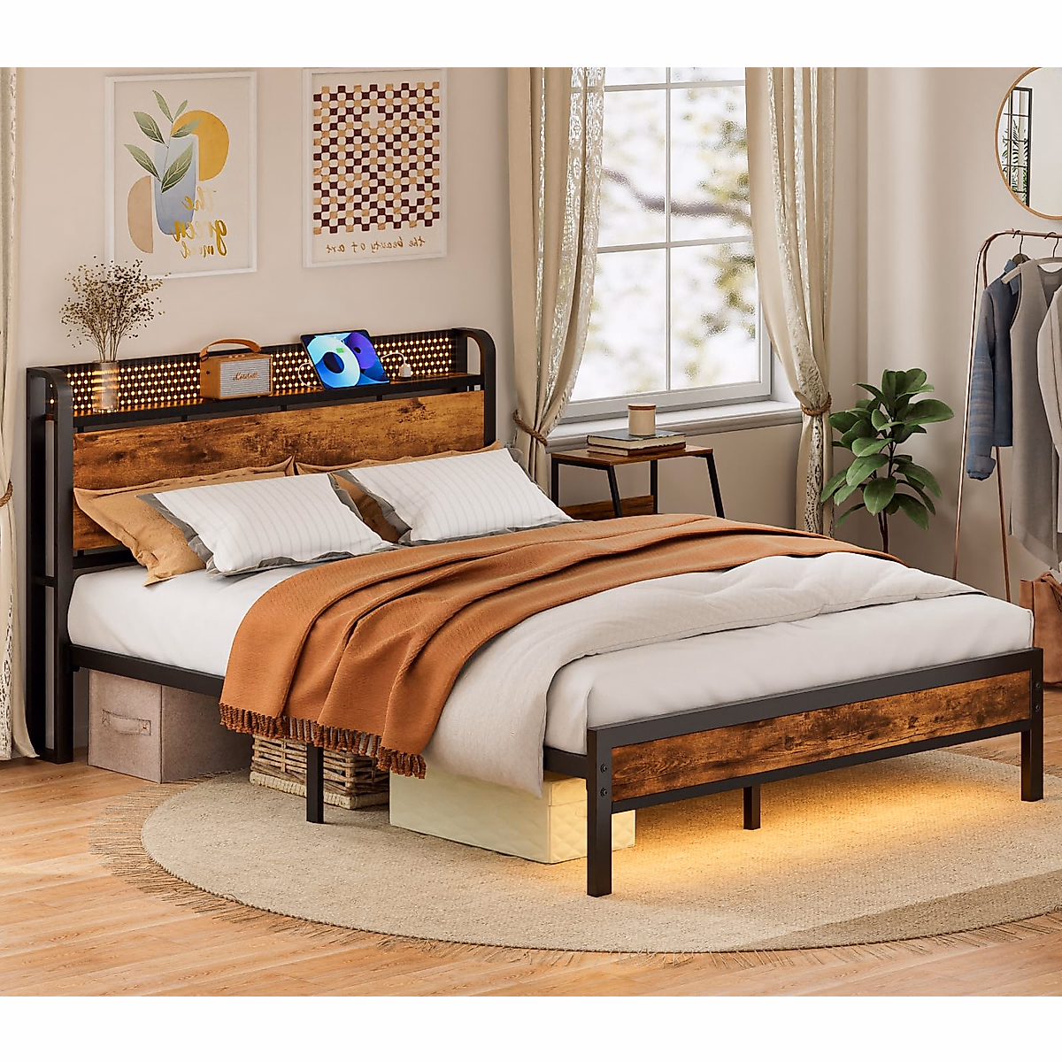 Furnulem Full Bed Frame with LED Lights,Industrial Storage Headboard with Charging Station,USB Port,Under Bed Storage,Wood Platform with Strong Metal Support,No Box Spring Needed, Silent