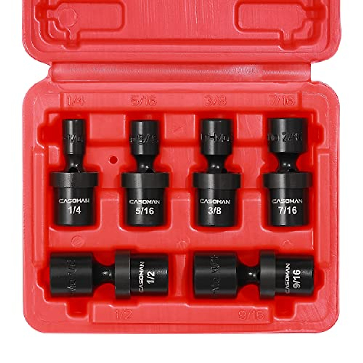 CASOMAN 1/4-Inch Drive Shallow Universal Impact Socket Set, SAE, 6 Pieces Set, 1/4" to 9/16", 6-Point, Cr-Mo, Swivel Socket