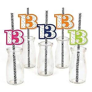 13th Birthday - Cheerful Happy Birthday - Paper Straw Decor - Colorful Thirteenth Birthday Party Striped Decorative Straws - Set of 24