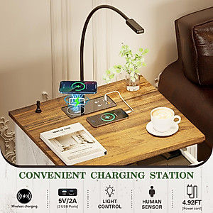 Gun Night Stand with Charging Station & Reading Light, Farmhouse Bedside Table with Human Sensor LED Lights, Brightness Adjustable End Side Table for Bedroom/Living Room/Office, White