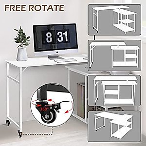 LTMEUTY 360°Free Rotating Desk - Modern Home 0ffice Desk, Reversible Computer Desk Study Writing Table Workstation, L-Shaped Corner Desk with Storage Shelves, Sofa Side Table, White