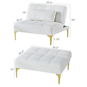 Convertible Single Sofa Bed Futon with Adjustable Backrest. Modern Teddy Fabric Leisure Multi-Functional Lounge Chair with Pillow and Gold Metal Legs for Small Living Room. Apartment or Studio (White)