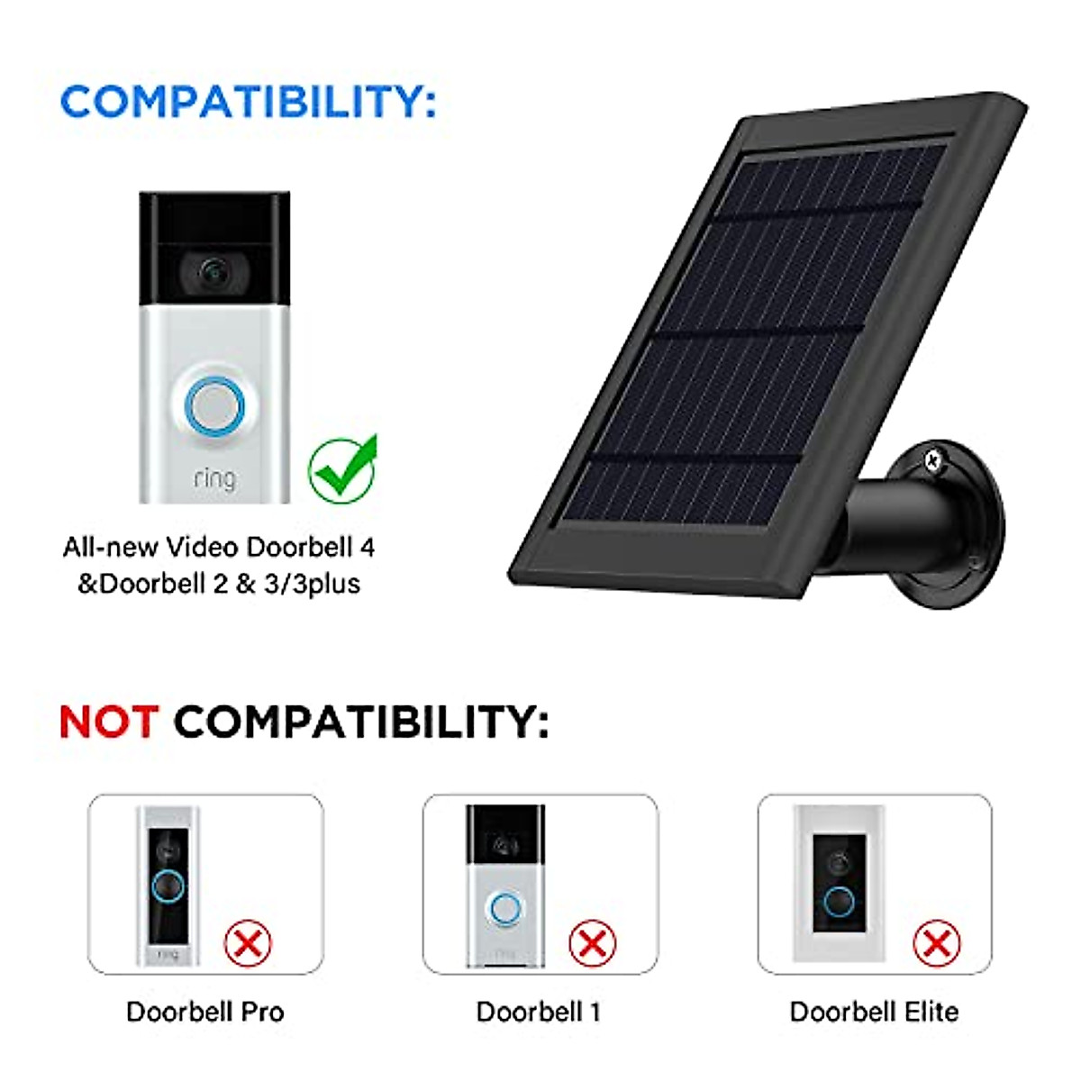 OLAIKE Solar Panel for Video Doorbell 4 & Doorbell 3/3 Plus & Doorbell 2, Weatherproof Continuous Charging,5V/3.5W (Max) Output, with 4M/13ft Power Cable (No Include Camera), Black
