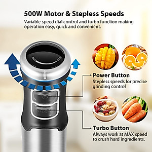 COMFEE' Immersion Hand Blender, Brushed Stainless Steel, Multipurpose Stick Blender with 500 Watts, 600ml Beaker, 500ml Chopper and Whisk, Perfect for Baby Food, Smoothies, Sauces and Soups, Black