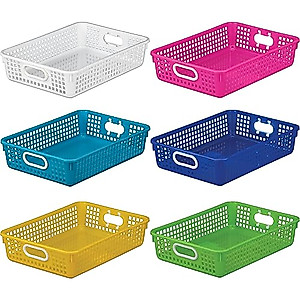 Really Good Stuff Plastic Desktop Paper Storage Baskets for Classroom or Home Use – 14”x10” Plastic Mesh Baskets Keep Papers Crease-Free and Secure – Blue Neon Basket With White Handles (1 Basket)