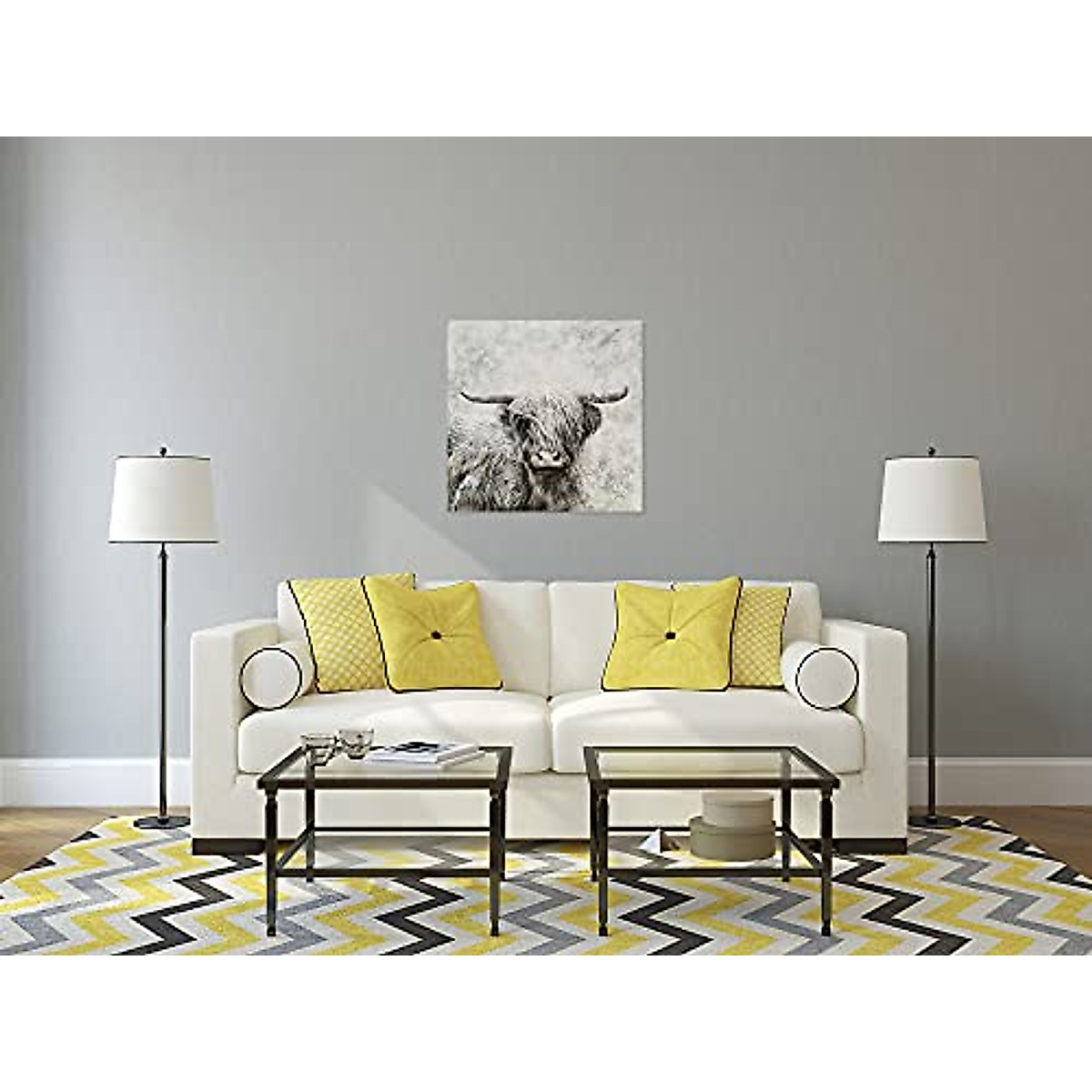 Yihui Arts Highland Cow Canvas Wall Art Hand Painted Lovely Wild Animal Oil Paintings Grey and White Rustic Pictures Yak Artwork for Farmhouse Living Room Bedroom Bathroom Decoration