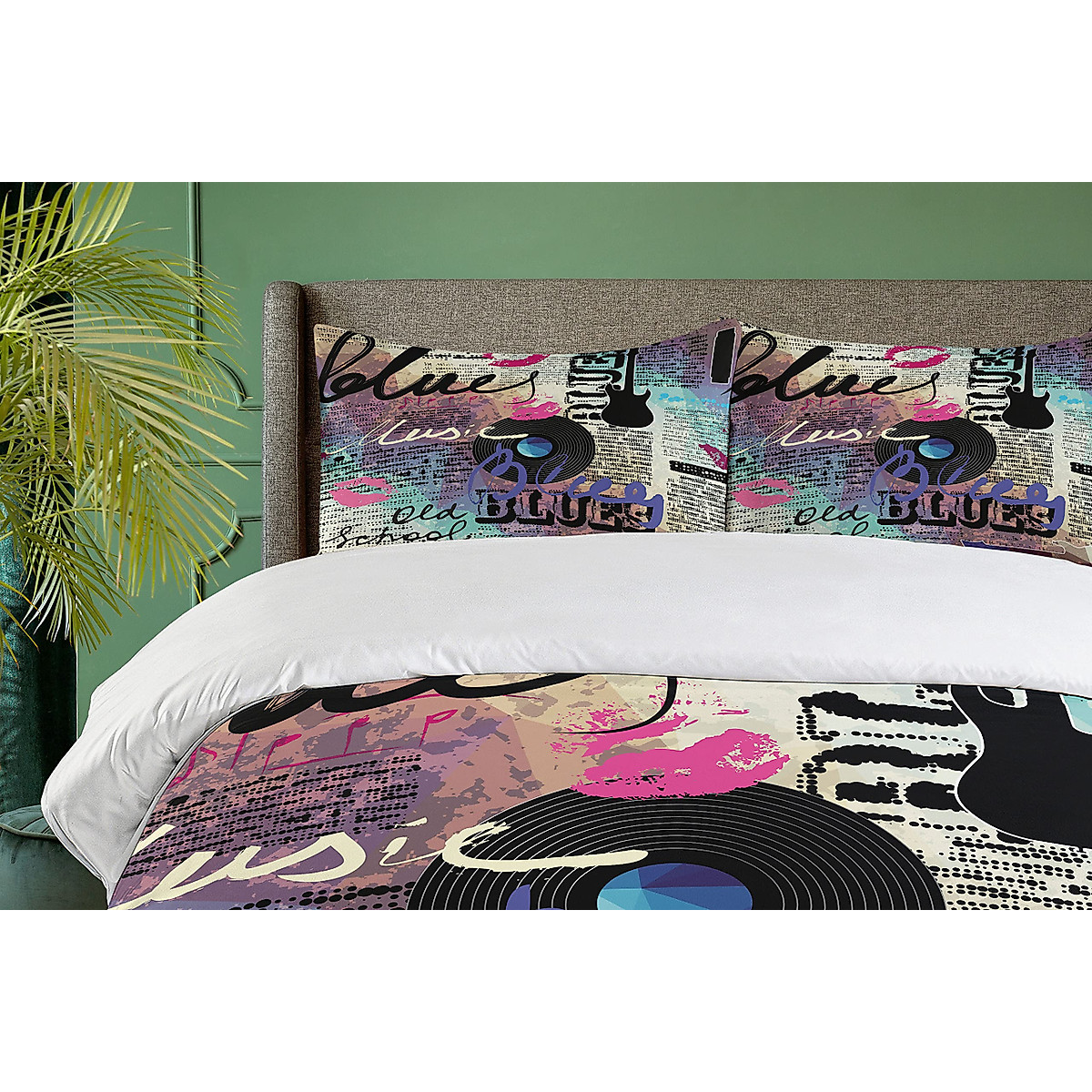 Ambesonne Old Newspaper Duvet Cover Set, Retro Blues Music Genre Old Record Electric Guitars Kiss Inscriptions Grunge, Decorative 3 Piece Bedding Set with 2 Pillow Shams, Queen Size, Dark Lavender