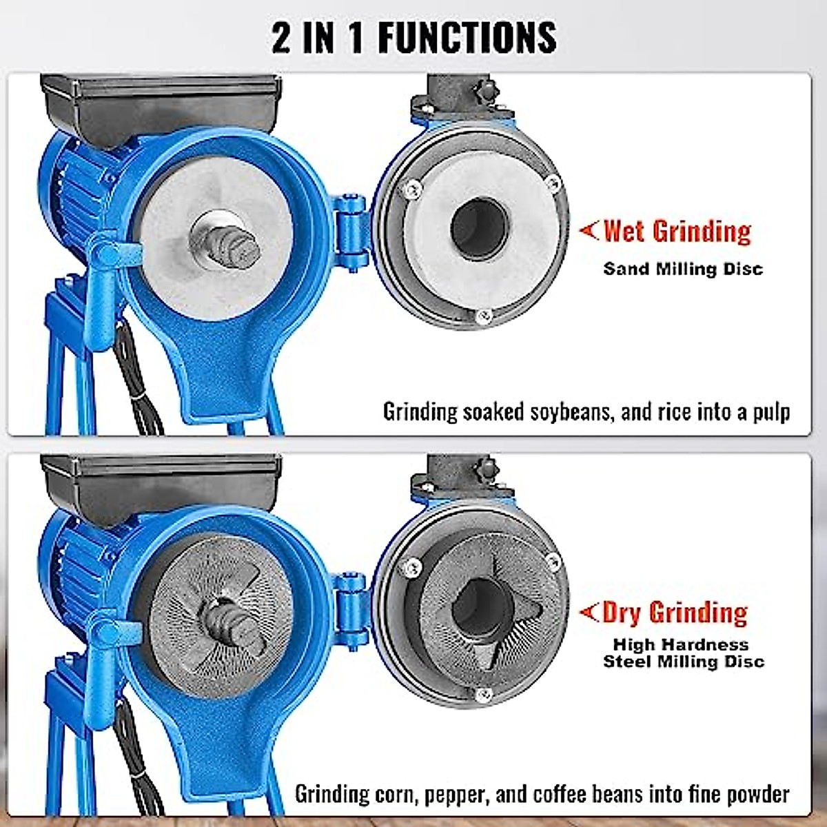 VEVOR Electric Grain Mill Grinder, 1500W 110V Spice Grinders, Commercial Corn Mill with Funnel, Thickness Adjustable Powder Machine, Heavy Duty Feed Flour Cereal Mill Wheat Grinders, Dry & Wet Grinder