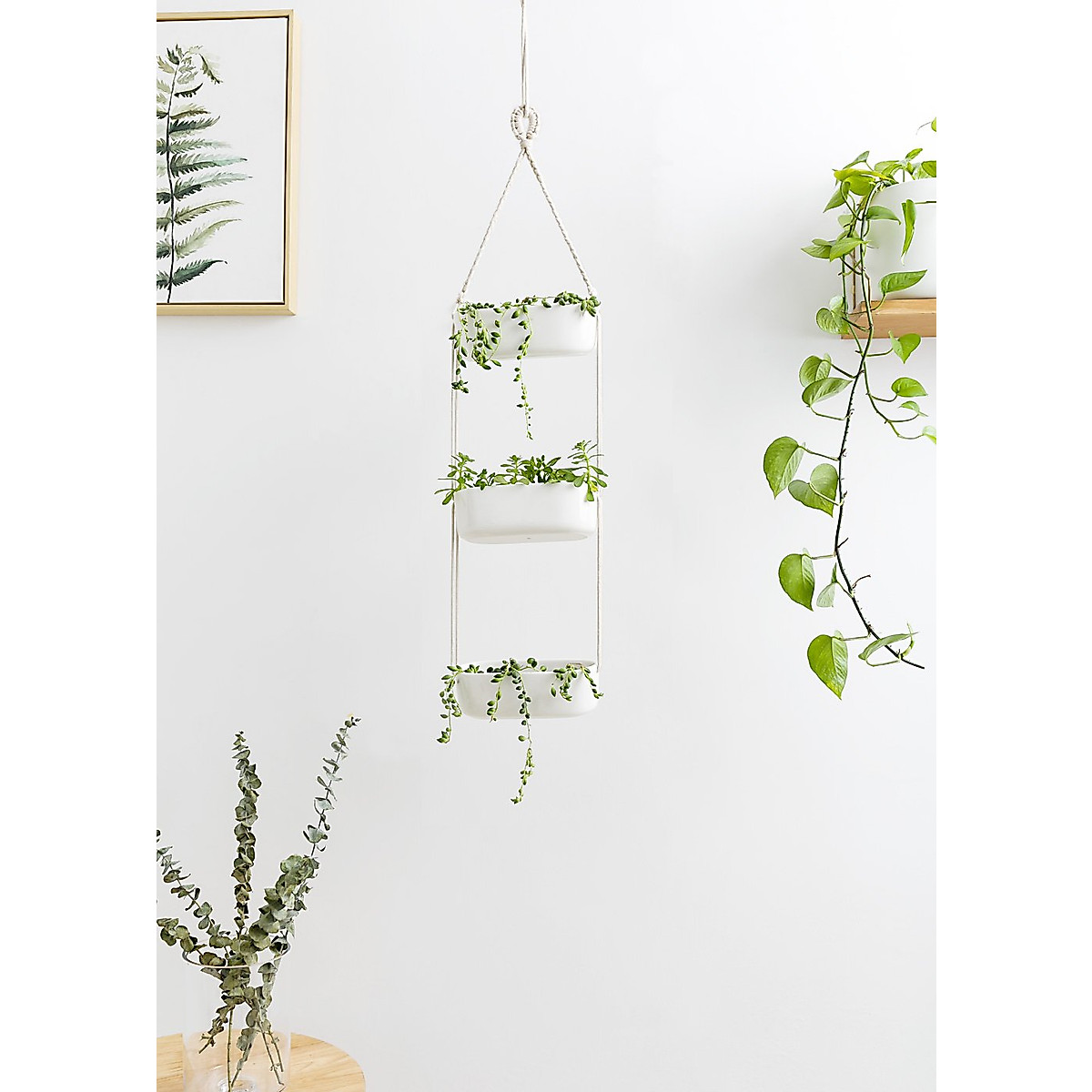 Mkono Hanging Planter Wall Planter for Indoor Plants, Flower Plant Ceramic Pots for Succulent Herb Air Plant Holder Faux Plants Vertical Garden, Home Office Decor 3 Tier, White (Plant Not Included)
