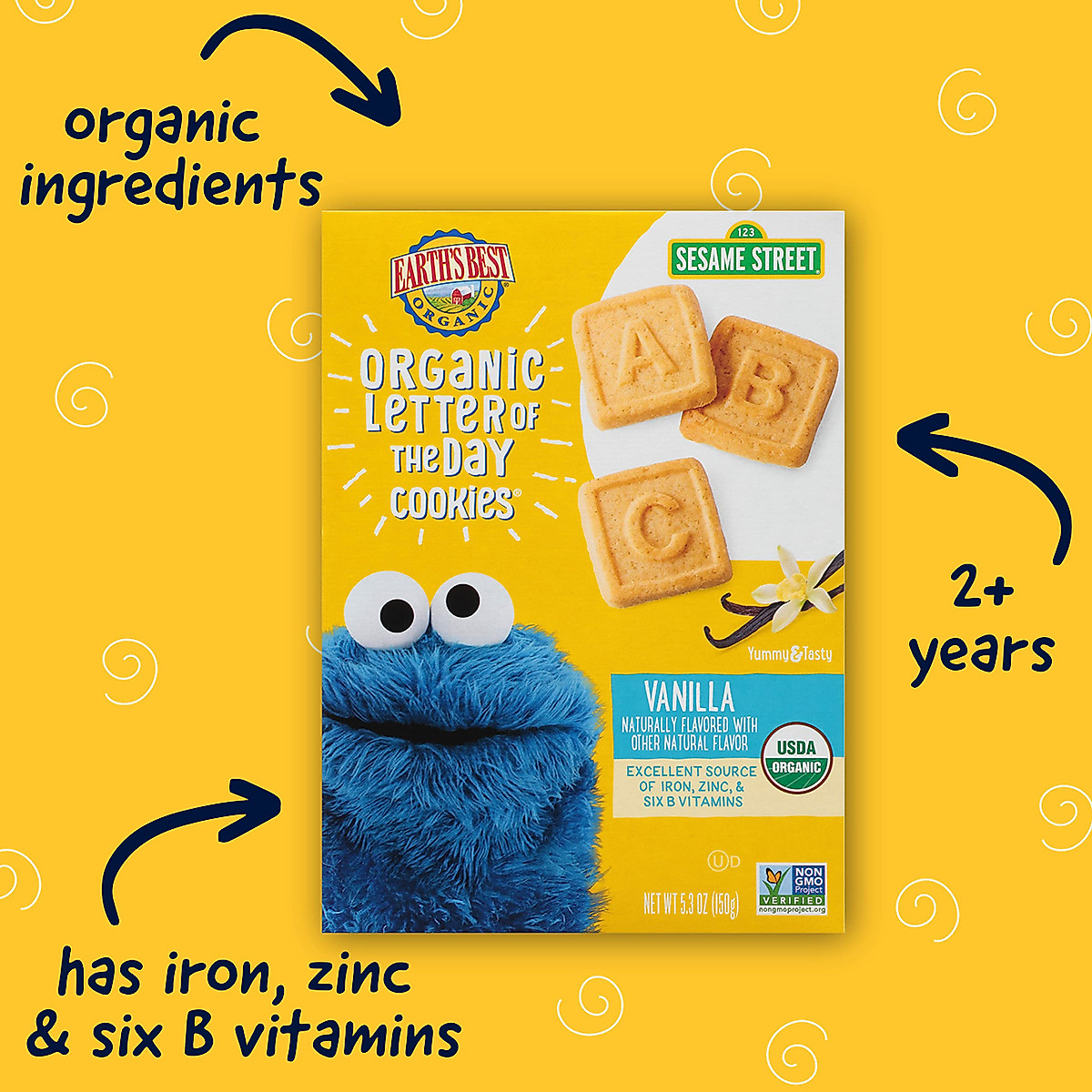 Earth's Best Organic Kids Snacks, Sesame Street Toddler Snacks, Organic Letter of the Day Cookies for Toddlers 2 Years and Older, Vanilla, 5.3 oz Box (Pack of 6)