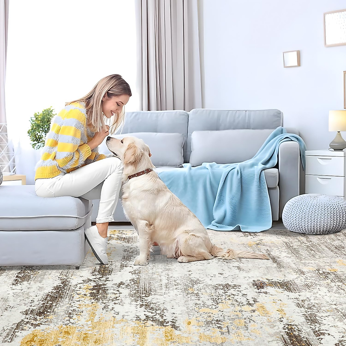 Washable Rug 8x10 Area Rugs: Abstract Rugs for Living Room Soft Non-Slip Machine Washable Area Rug Foldable Indoor Low Pile Large Rugs for Bedroom Dining Room Nursery Kitchen Office-Beige Rug 8x10