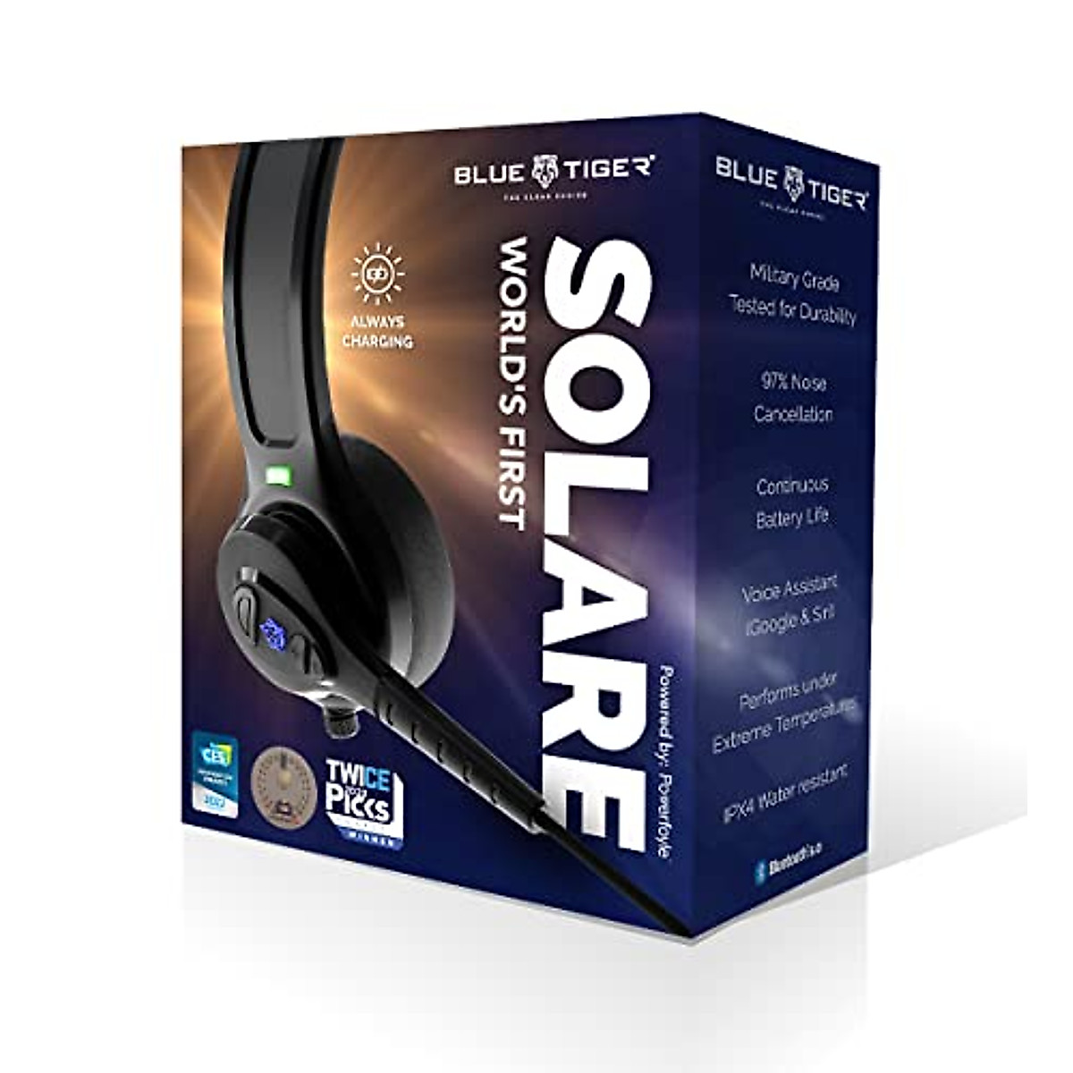 Blue Tiger Solare On-Ear Wireless Headset – Solar Powered - Long Battery Life, Wireless Charging. Transforms Indoor and Outdoor Light into Endless Energy - Noise Cancellation Headset with Microphone