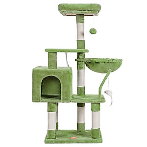 Heybly Cat Tree with Toy, Cat Tower condo for Indoor Cats, Cat House with Padded Plush Perch, Cozy Hammock and Sisal Scratching Posts, Green HCT004GR